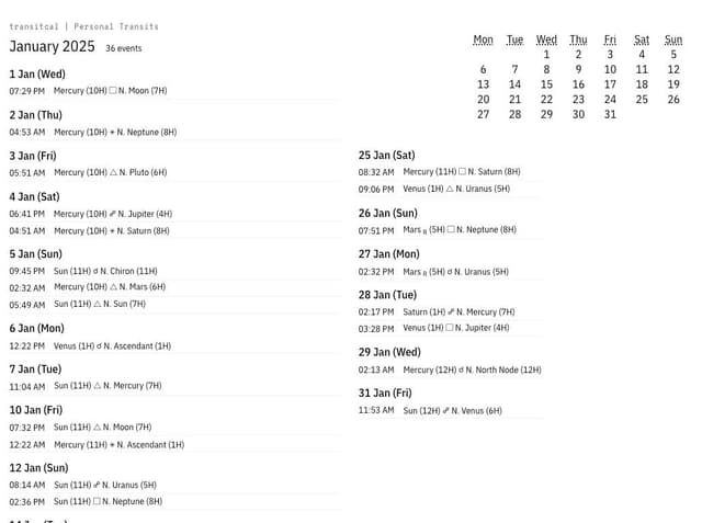 transitcal | personalized astrology calendar